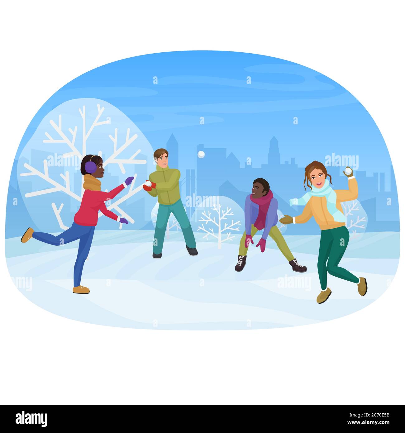 The group of friends playing the snowballs outside vector illustration ...