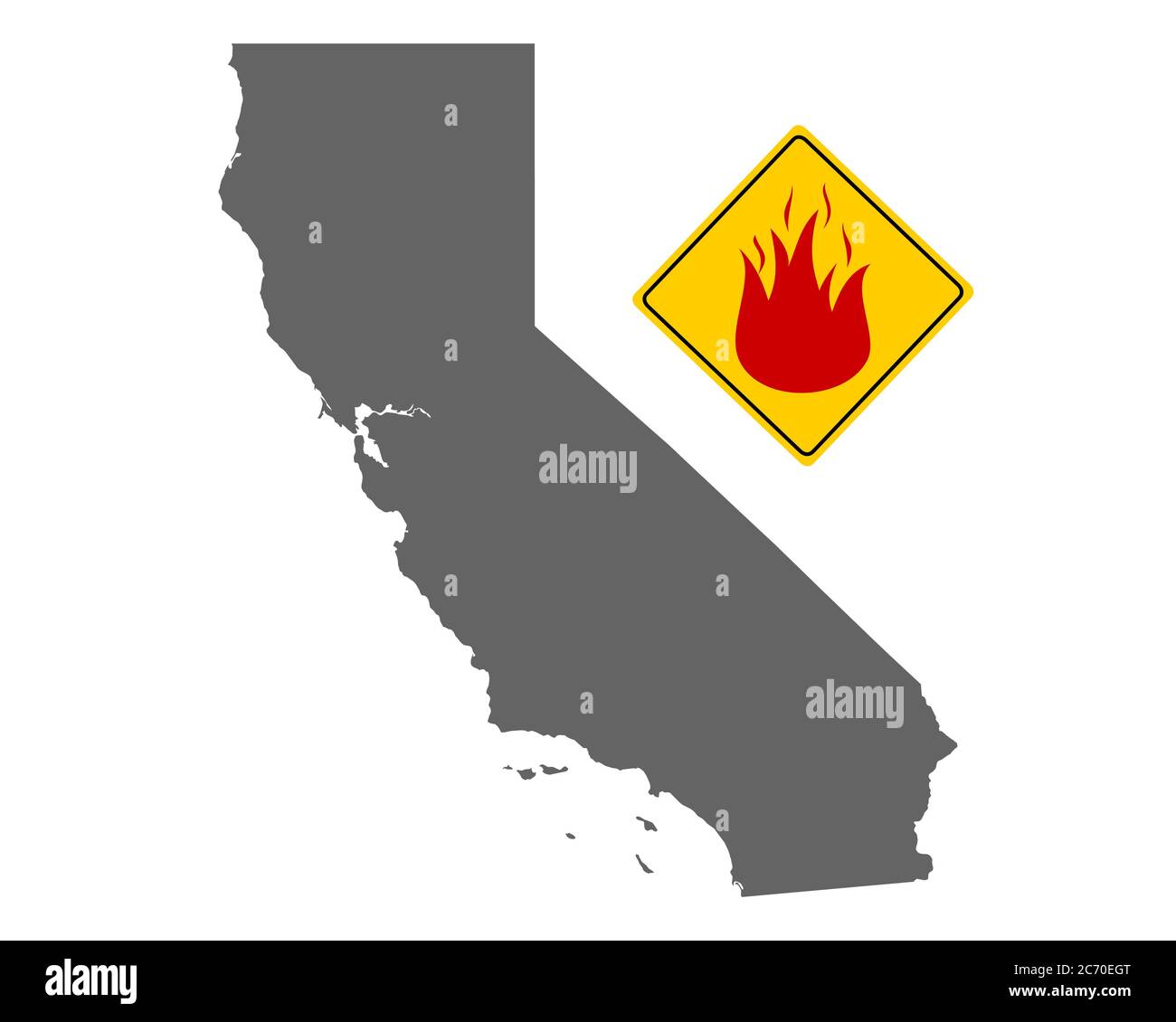 Map of California and pin with fire warning Stock Photo - Alamy