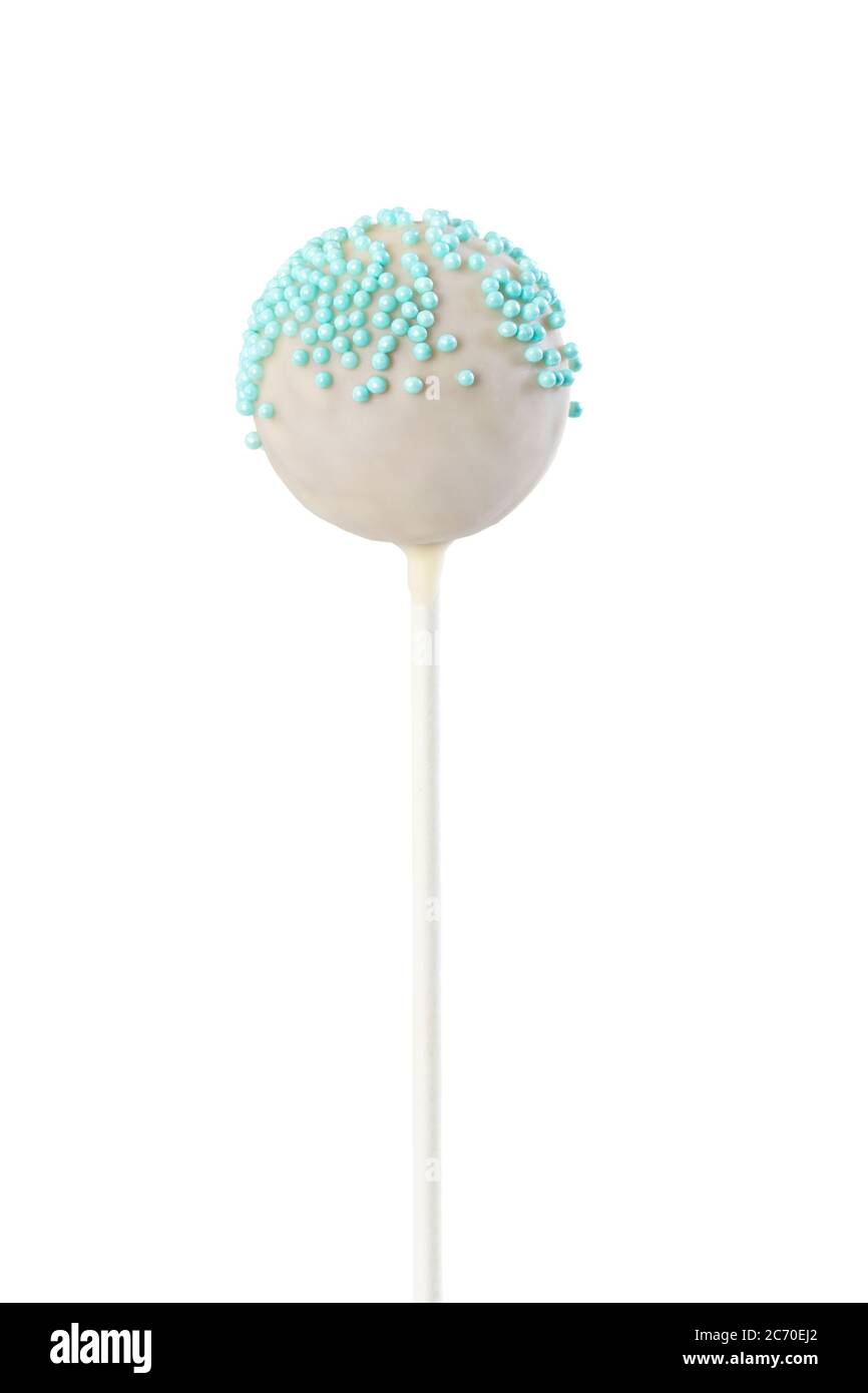 Cake pop with decorative blue sprinkles isolated on white background ...