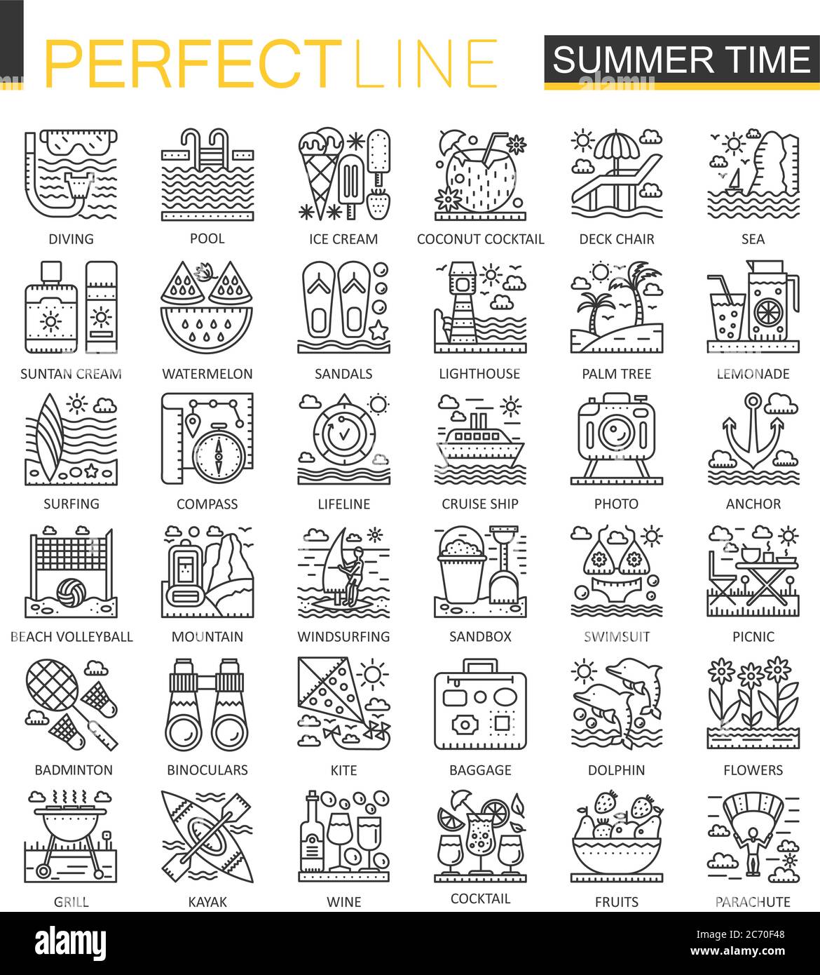 Summer time outline concept symbols. Vacation travel perfect thin line ...