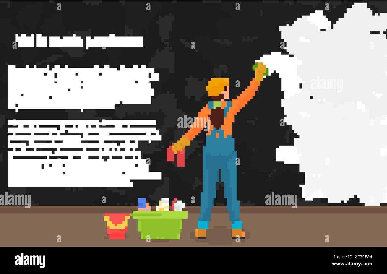 A cartoon woman cleaner wipes away a dark dirty wall. Painting a color ...