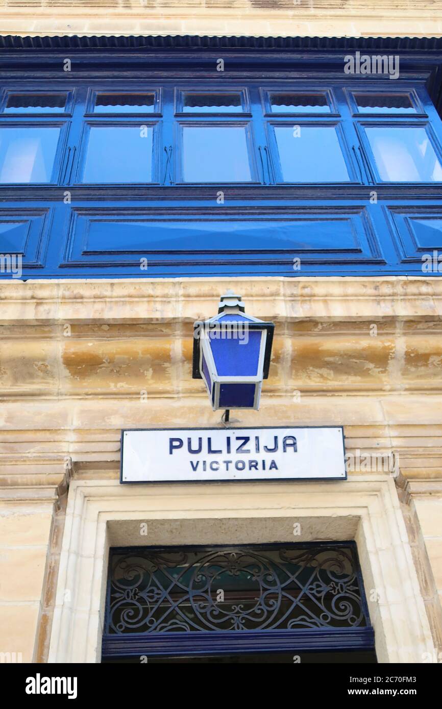 Blue lamp at the Police Station in Victoria, the capital of Gozo island ...