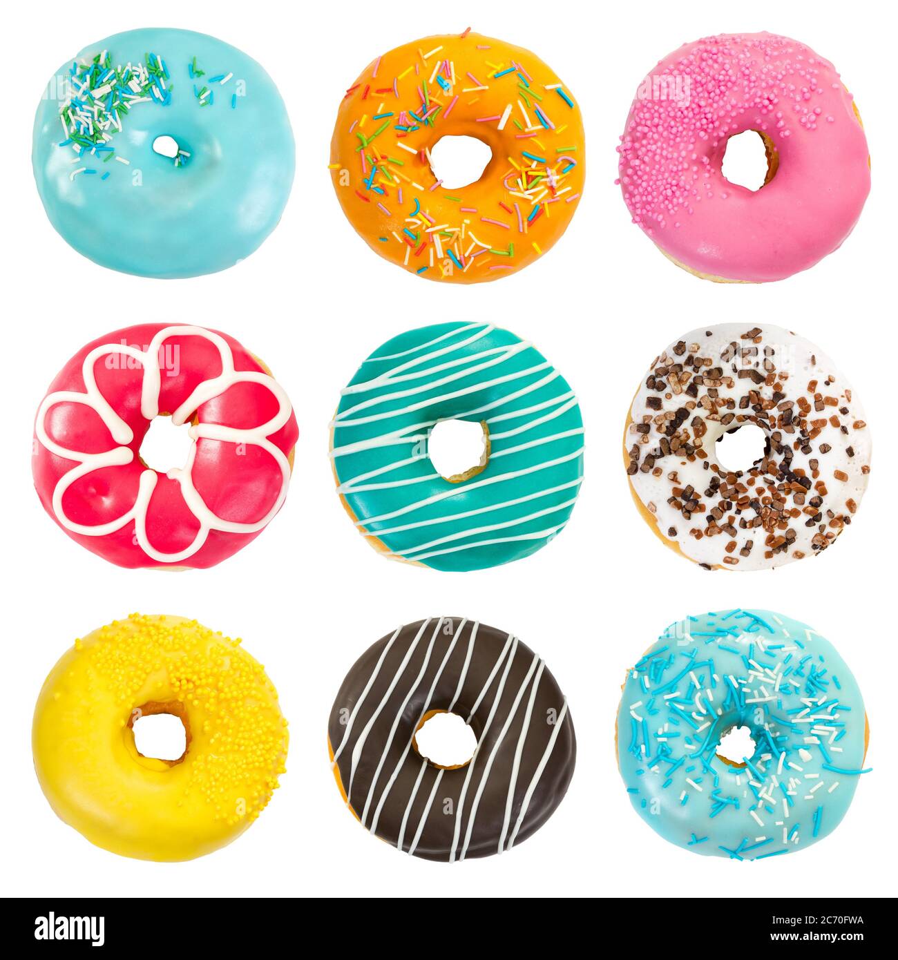 Set of various colorful donuts isolated on white background. Top view ...