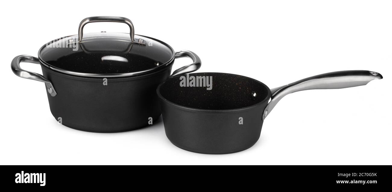 New set of black cookware isolated on white Stock Photo - Alamy
