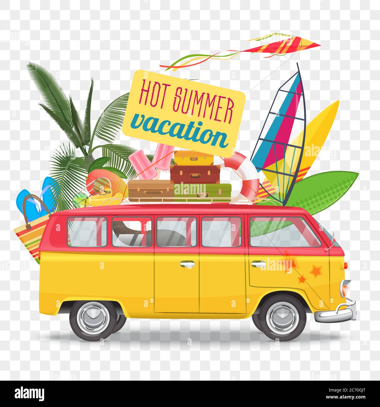Summer travel vector illustration with bus. Beach concept Stock Vector ...