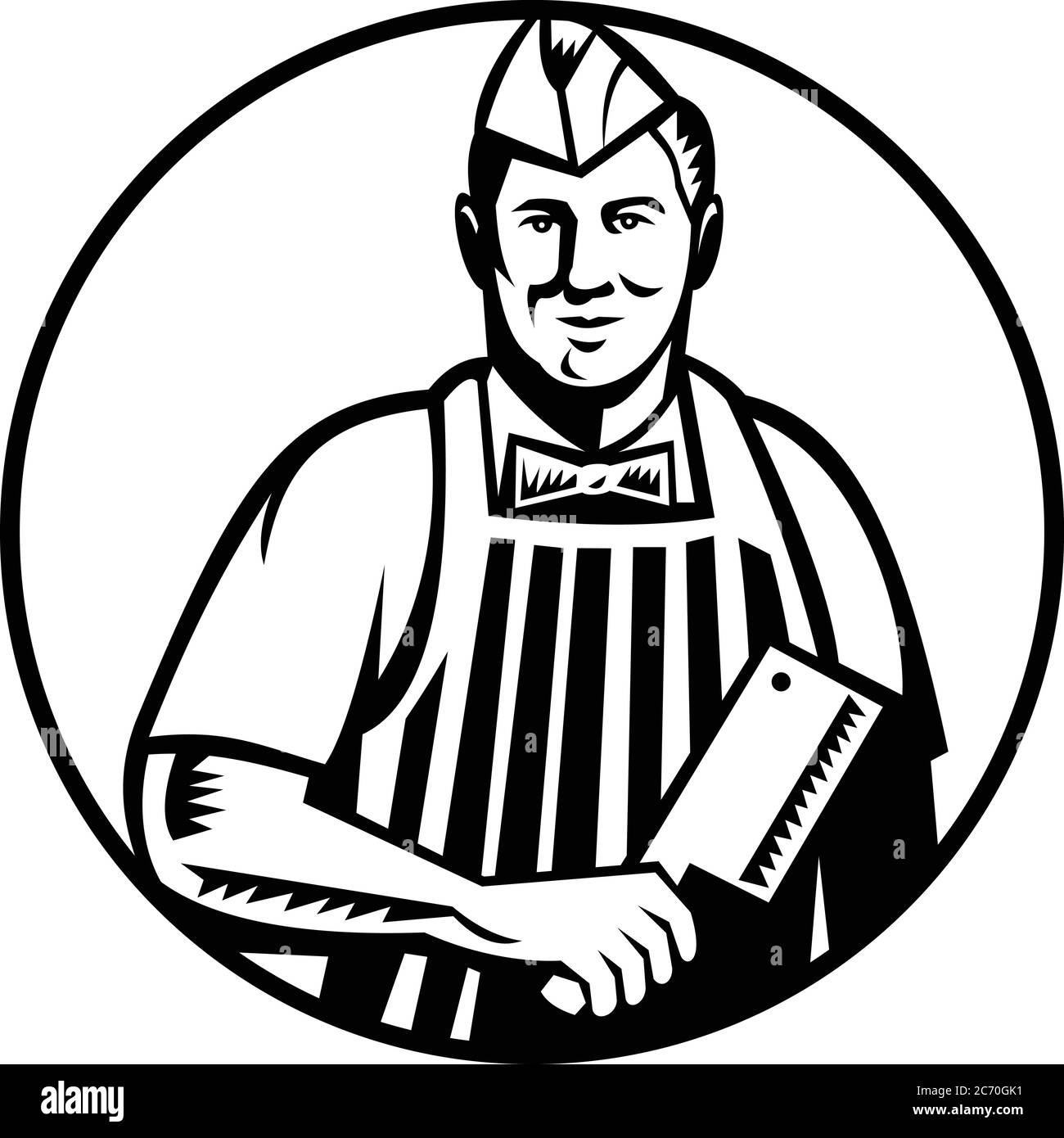 Retro woodcut style illustration of a butcher cutter worker with meat ...