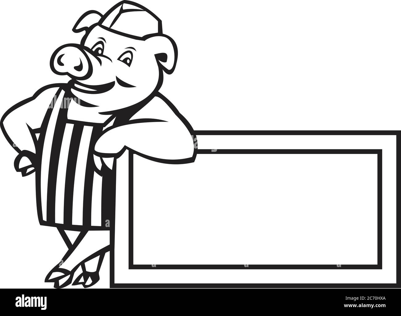Black and white illustration of a butcher pig standing leaning on a ...