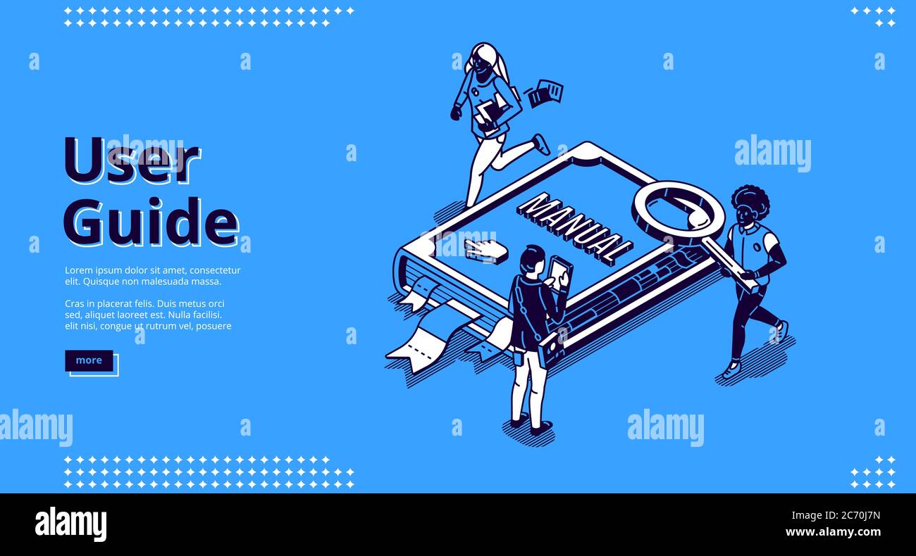 User guide isometric landing page, tiny people around of huge manual book, woman carry documents ...