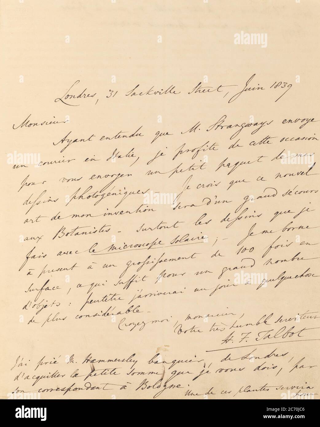 [Manuscript Letter from W. H. Fox Talbot to Antonio Bertoloni], 1839 ...