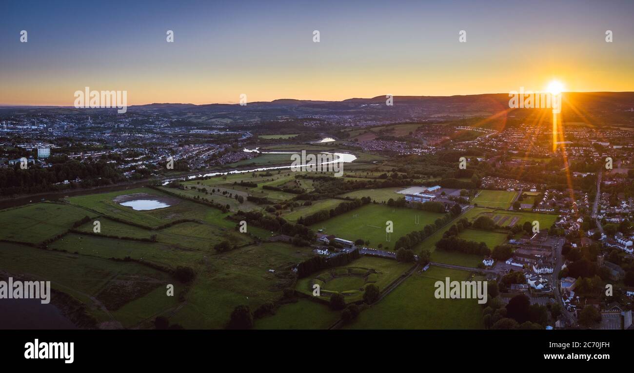 Aerial view of the Welsh town Caerleon in Wales, home of the Roman ...