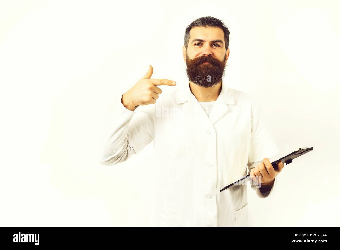 Bearded man, long beard. Brutal caucasian doctor or happy smiling ...