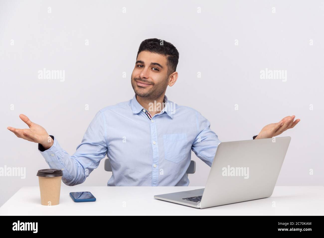 Welcome and give me hug! Friendly happy businessman sitting office ...