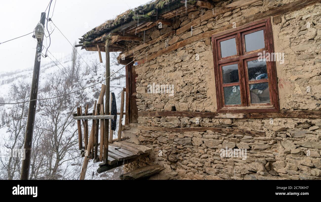 Hizan, Bitlis, Turkey - February 2020: Stone houses of a villahe in ...