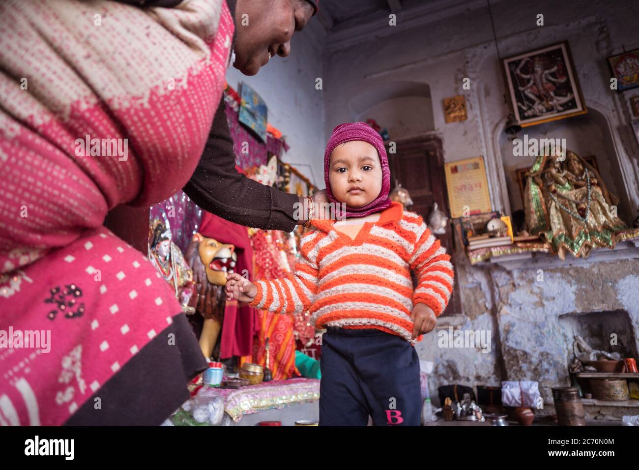New Delhi / India - February 18, 2020: cute little boy with red hat ...