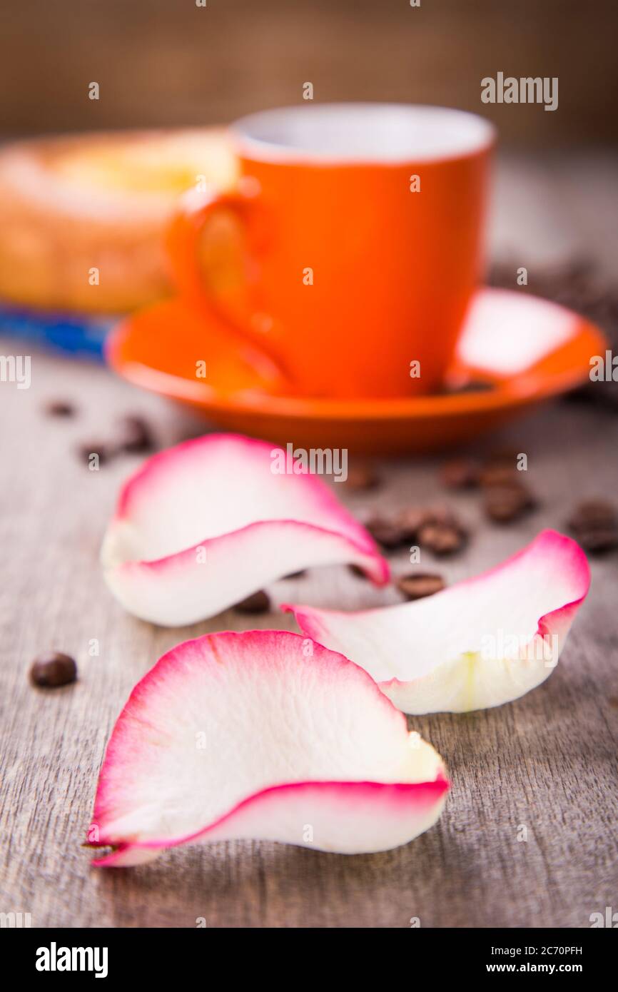 orange cup fool of coffee with cake on wooden background Stock Photo ...