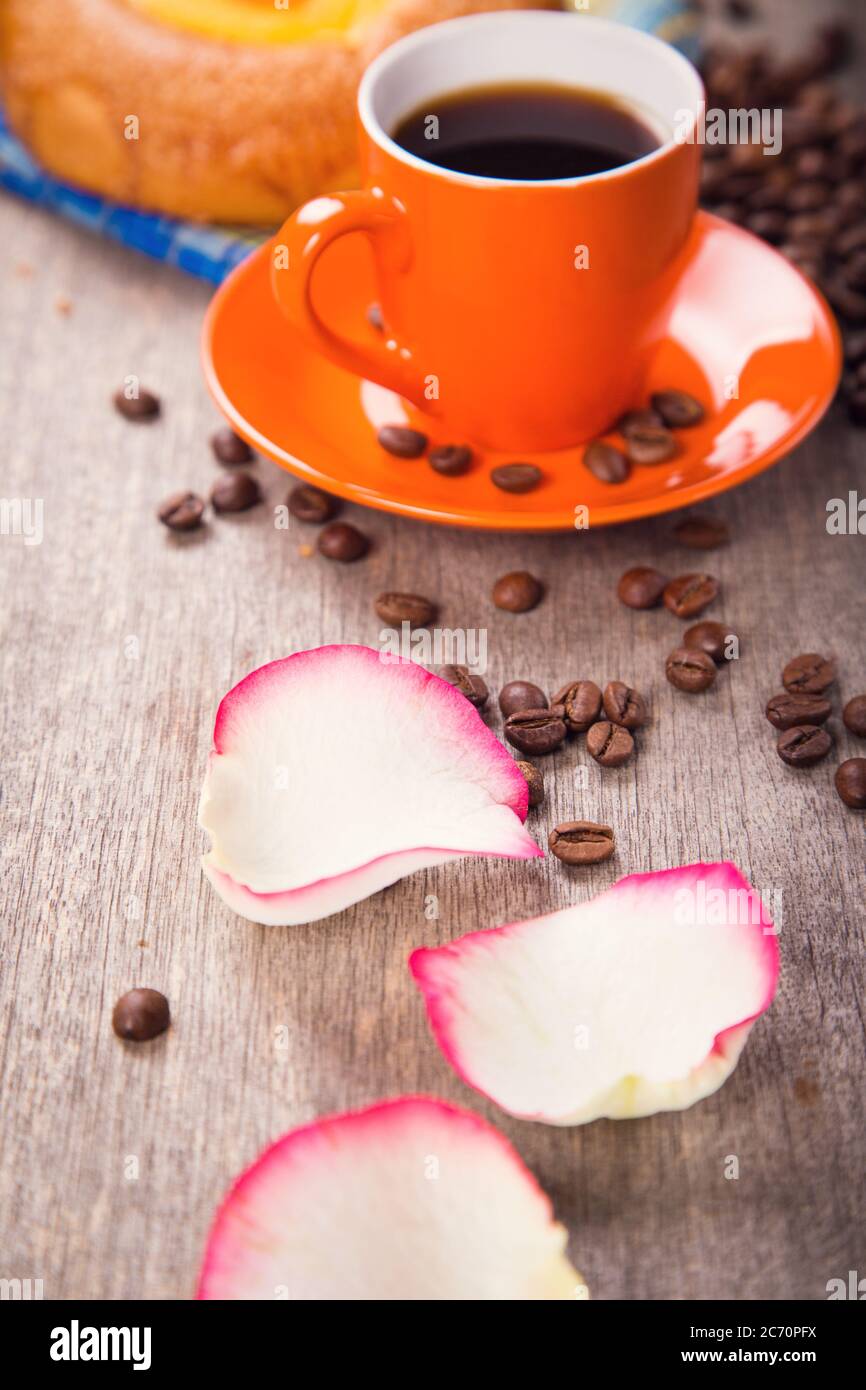 cup fool of coffee with cake on wooden background Stock Photo - Alamy