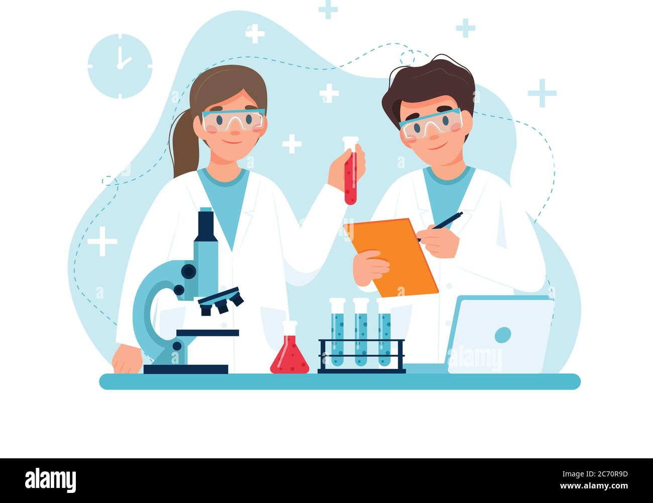 Scientist at work, characters conducting experiments in lab. Vector ...