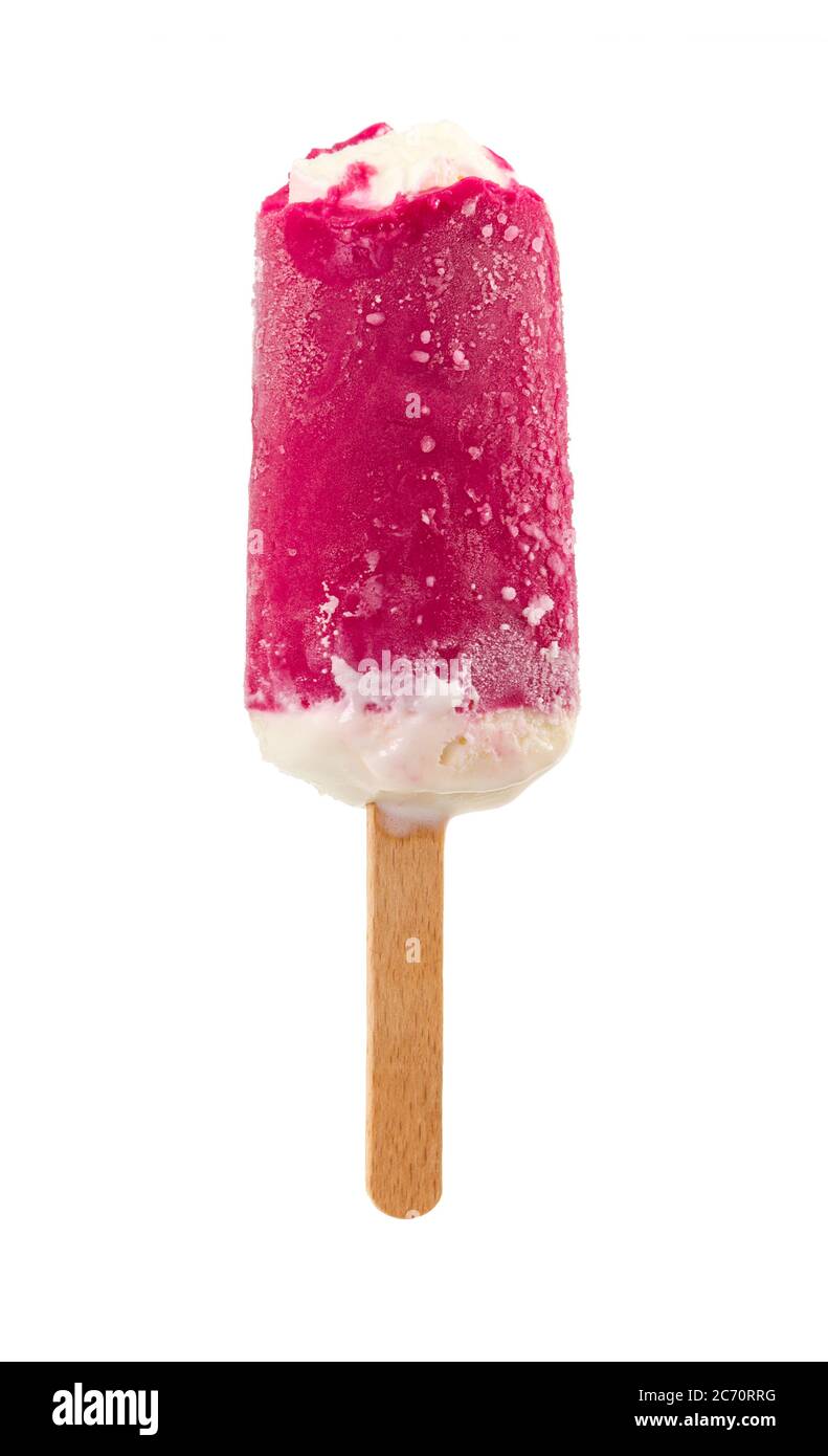 Bitten ice cream on stick in cherry glaze isolated on white background ...