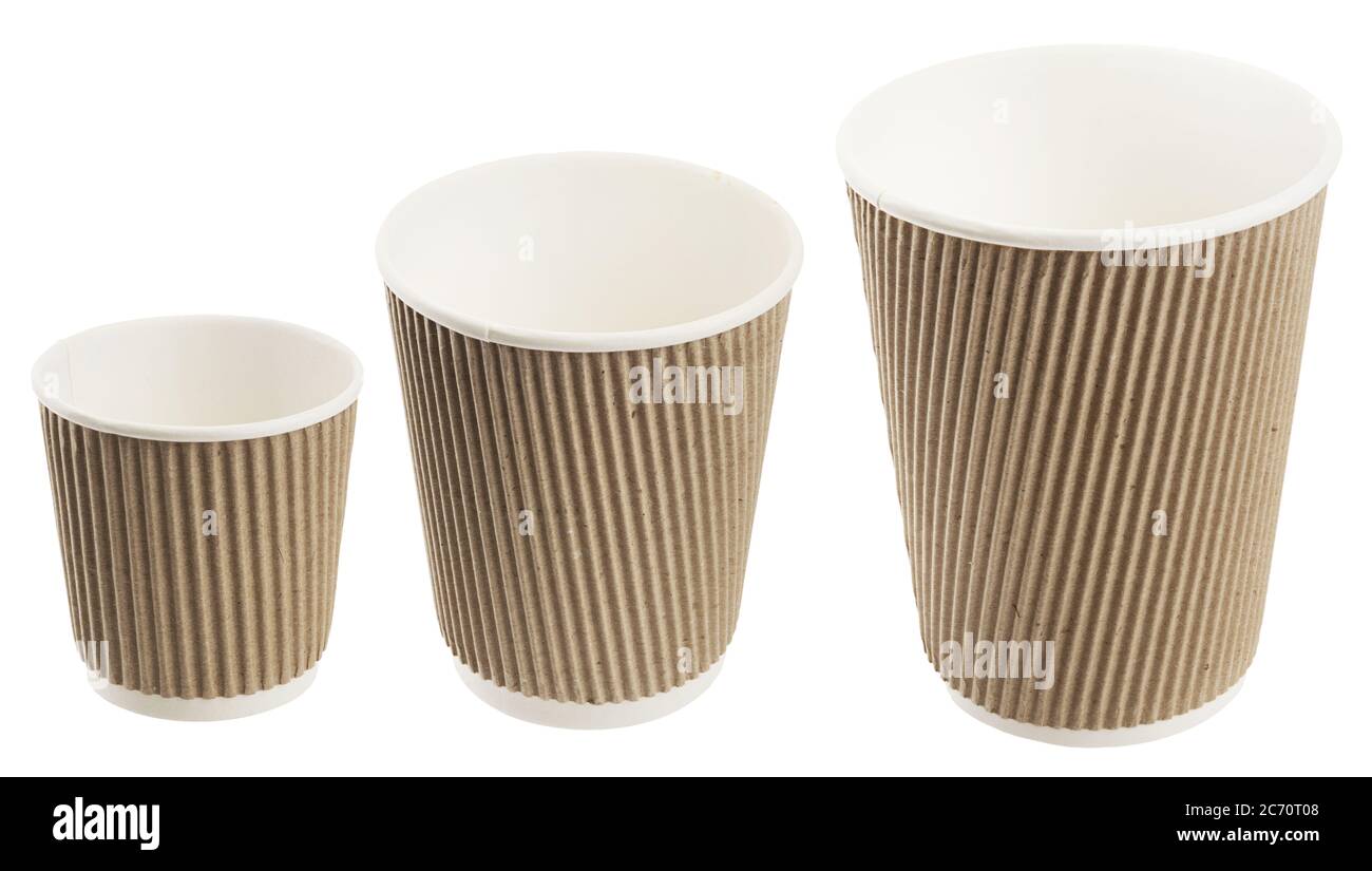 Set of opened disposable paper coffee cups isolated on white background ...