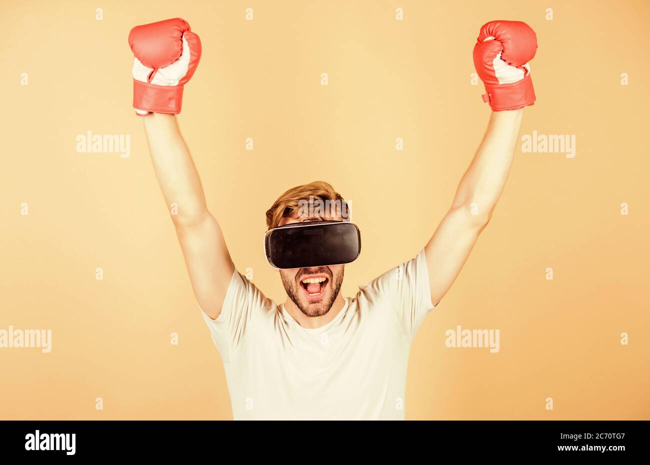 virtual champion. man use new technology. man in VR glasses. Futuristic ...