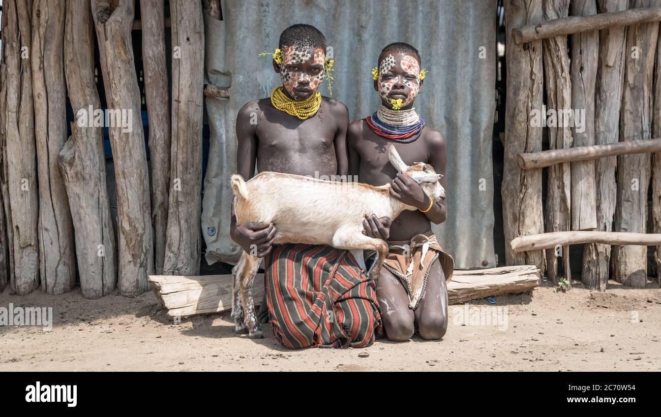 Omo valley, Ethiopia, September 2017: Portrait of unidentified Karo ...