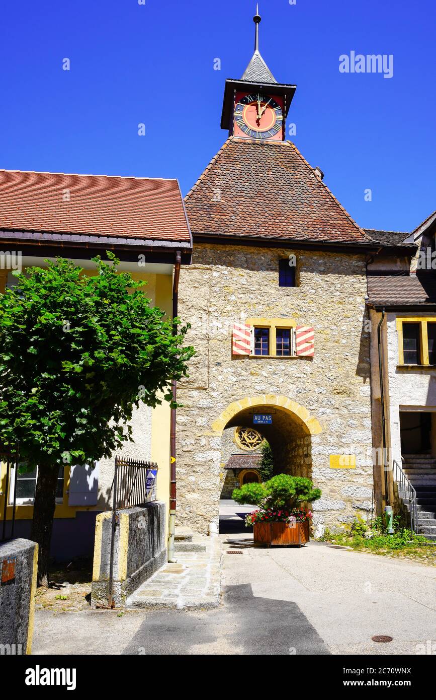 Clock tower in picturesque Valangin village, canton Neuchatel ...