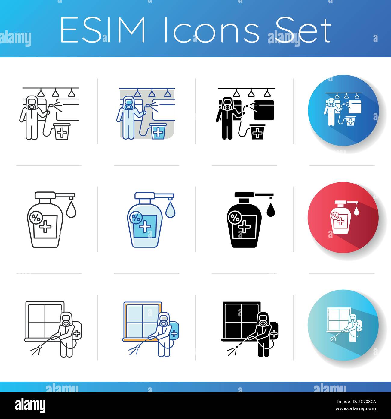 Home sterilization icons set. Linear, black and RGB color styles. Room ...