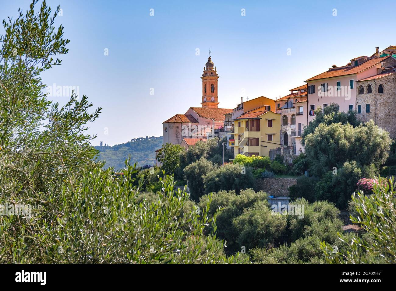Civezza and San Marco Evangelista church. Old Medieval town in Imperia ...