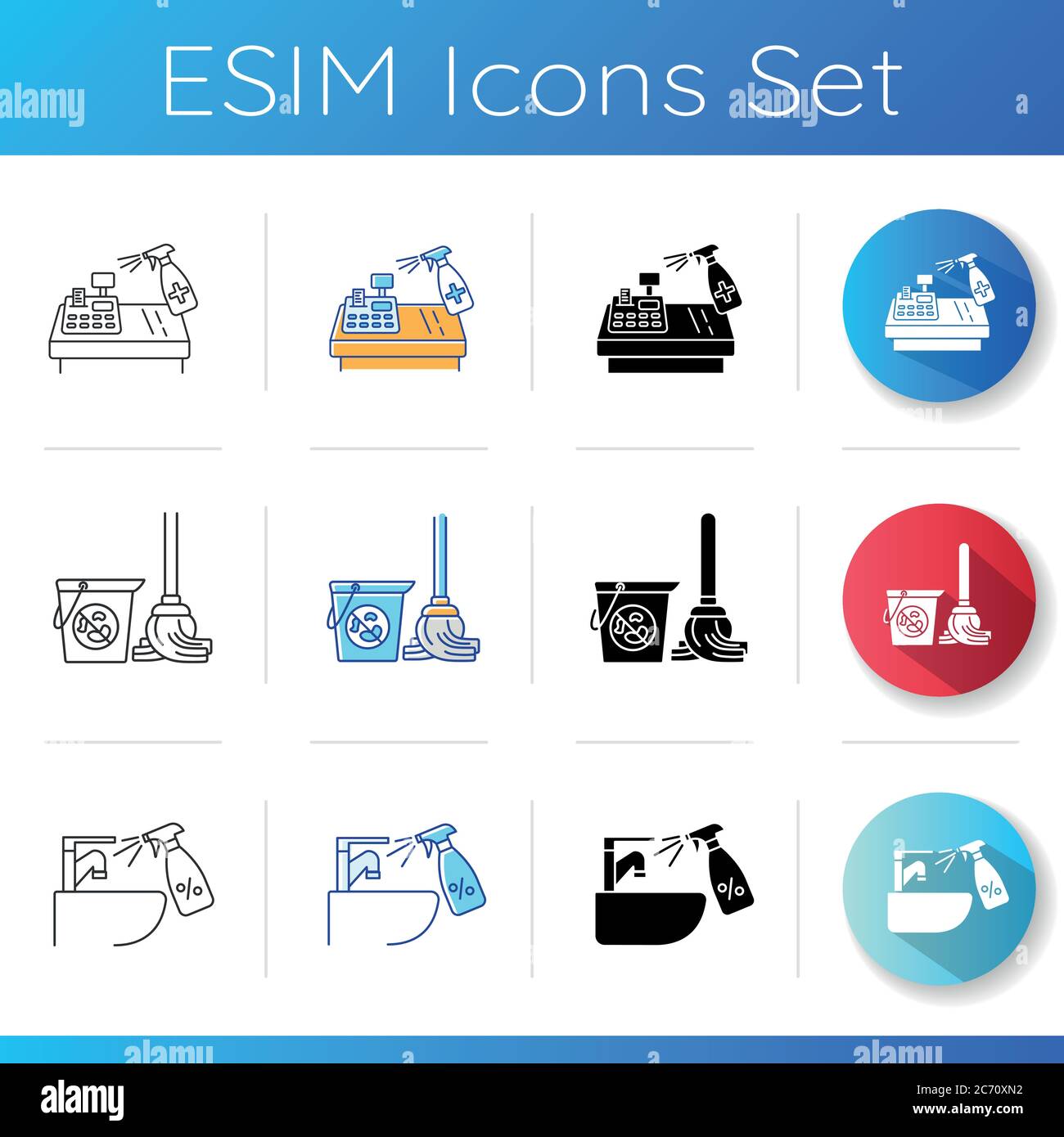 Sanitation icons set. Linear, black and RGB color styles. Floor ...