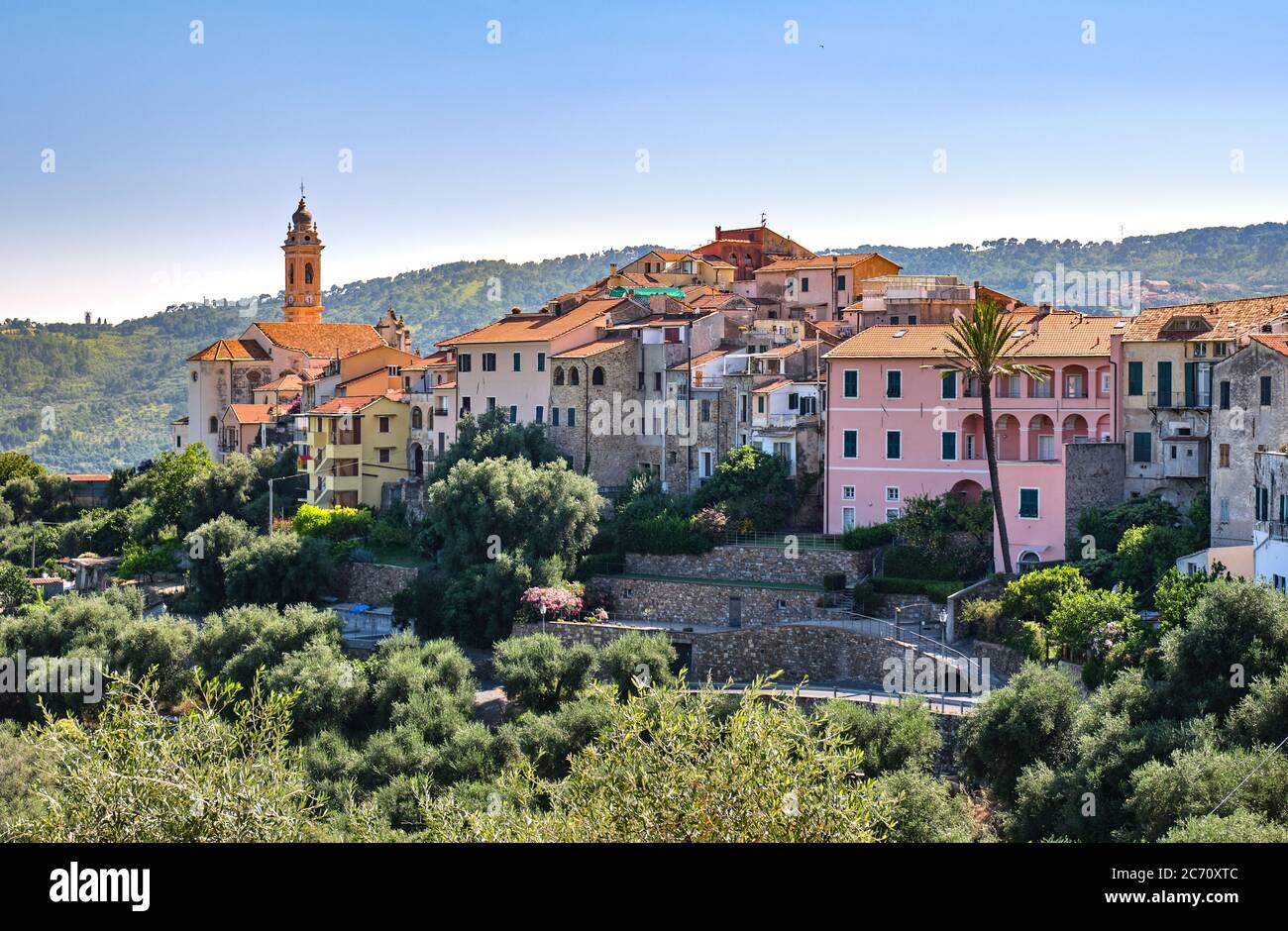 Civezza and San Marco Evangelista church. Old Medieval town in Imperia ...