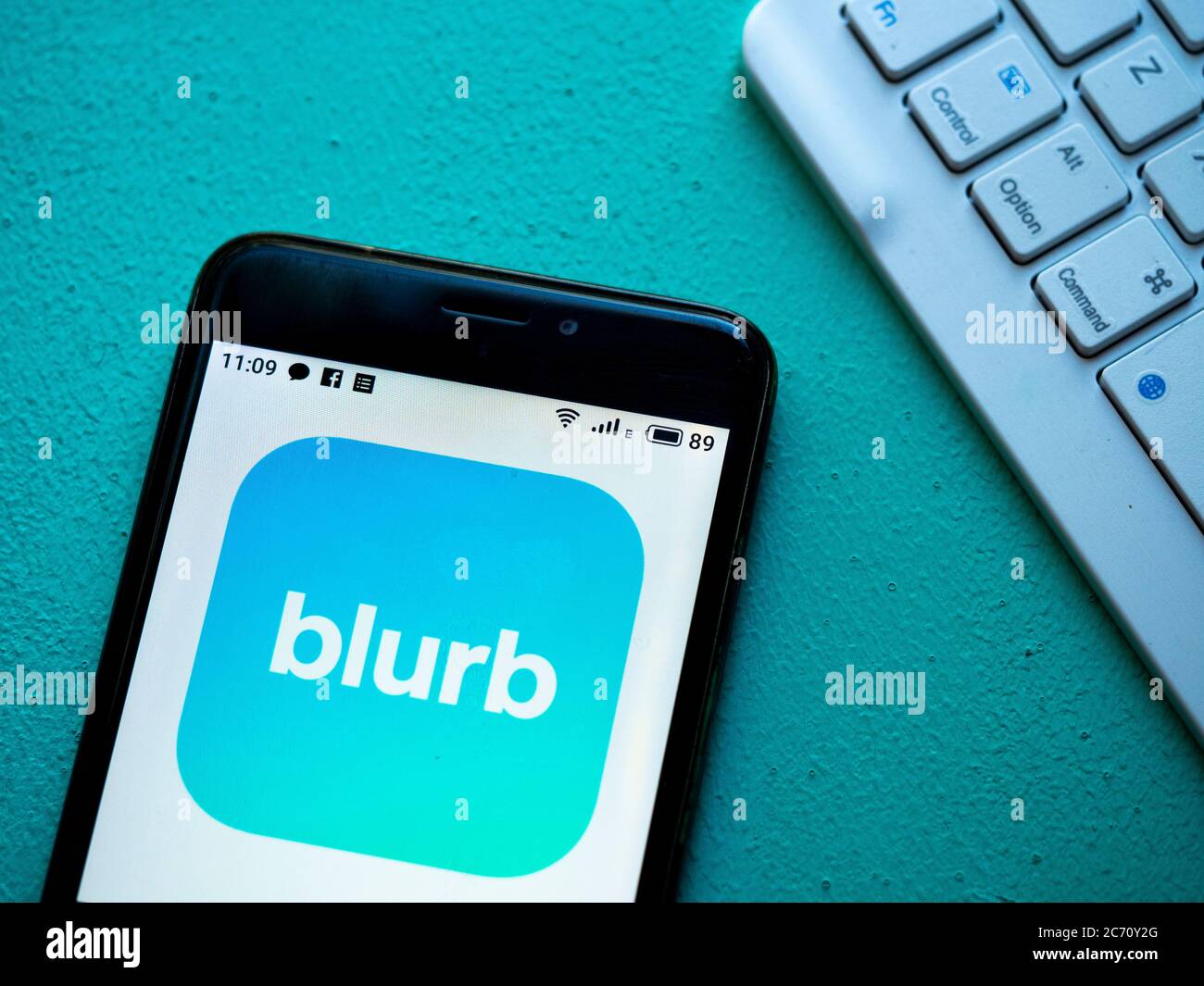 In this photo illustration an e-commerce Blurb logo is seen displayed ...
