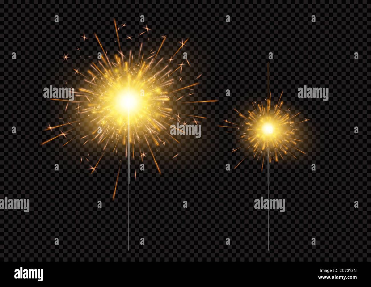 Bright shiny sparkling Bengal light fireworks isolated on black background. Vector illustration ...