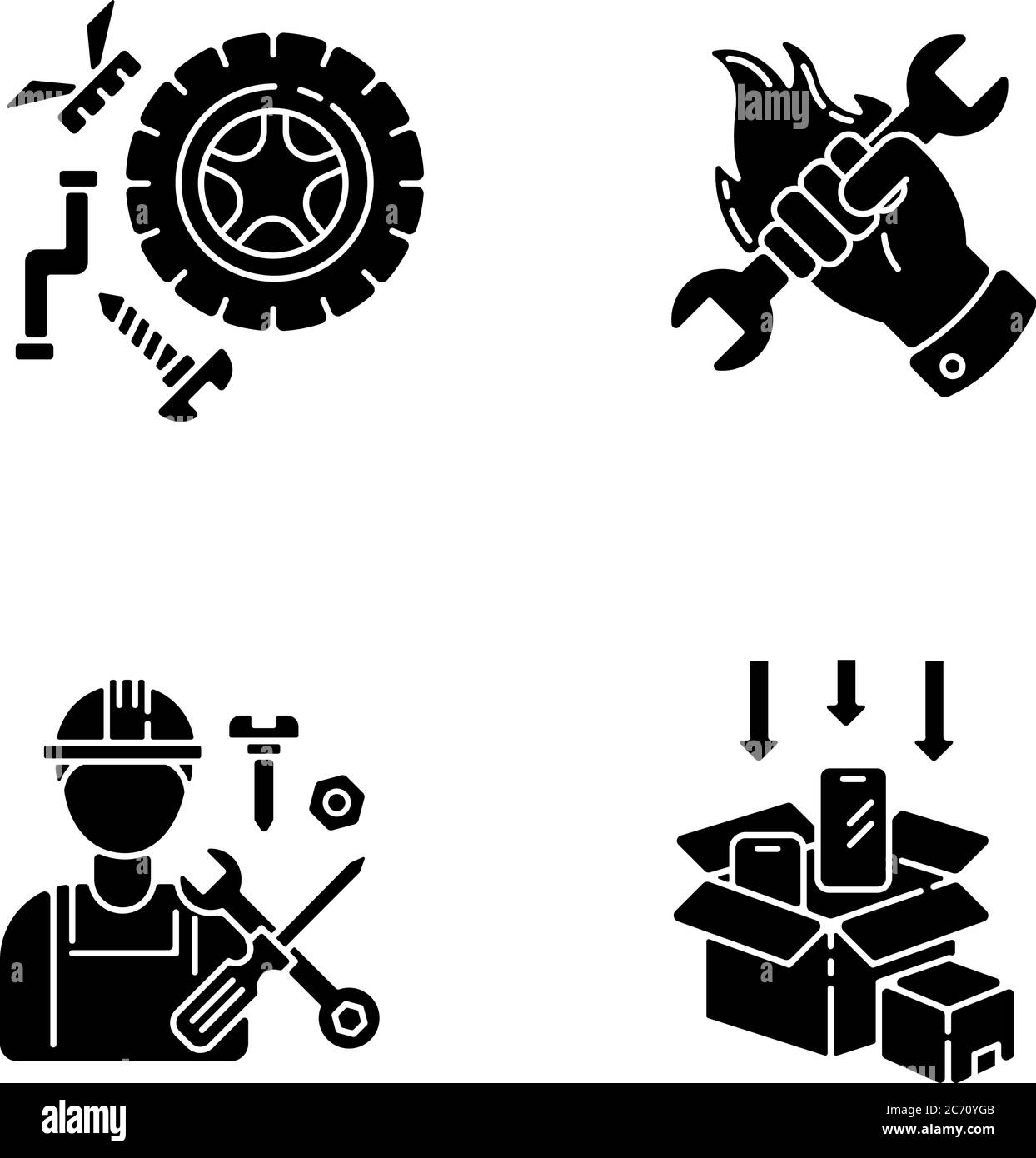 Industrial work black glyph icons set on white space. Spare parts ...
