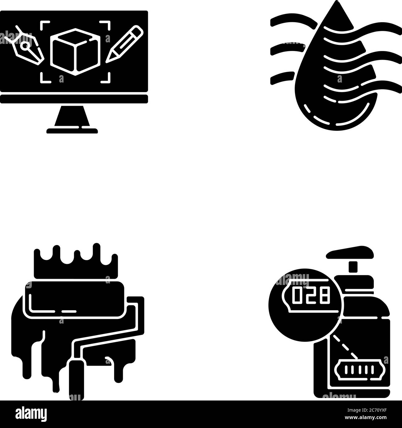 Manufacturing stages black glyph icons set on white space. Computer ...