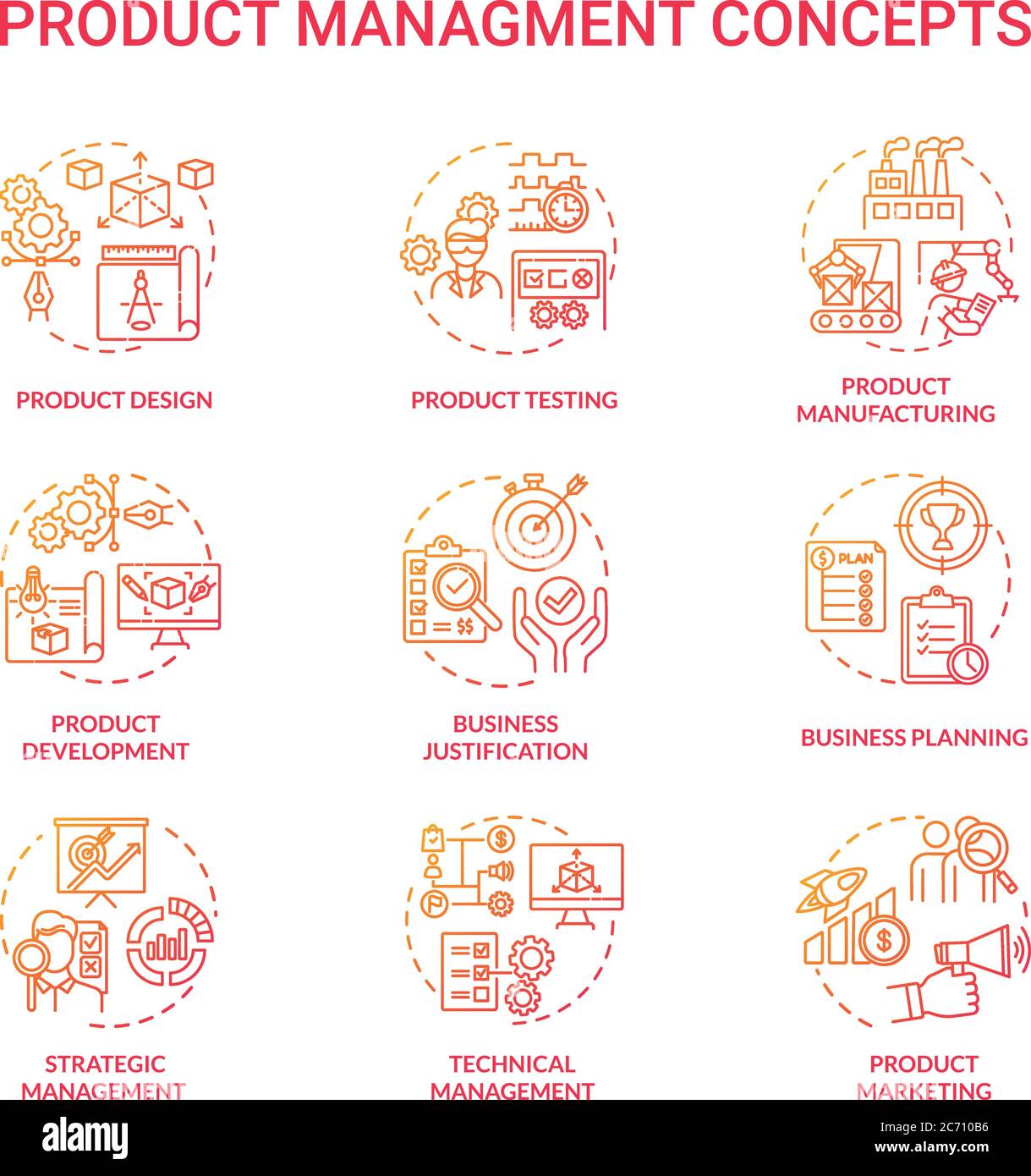 Product management red gradient concept icons set. Marketing strategy ...