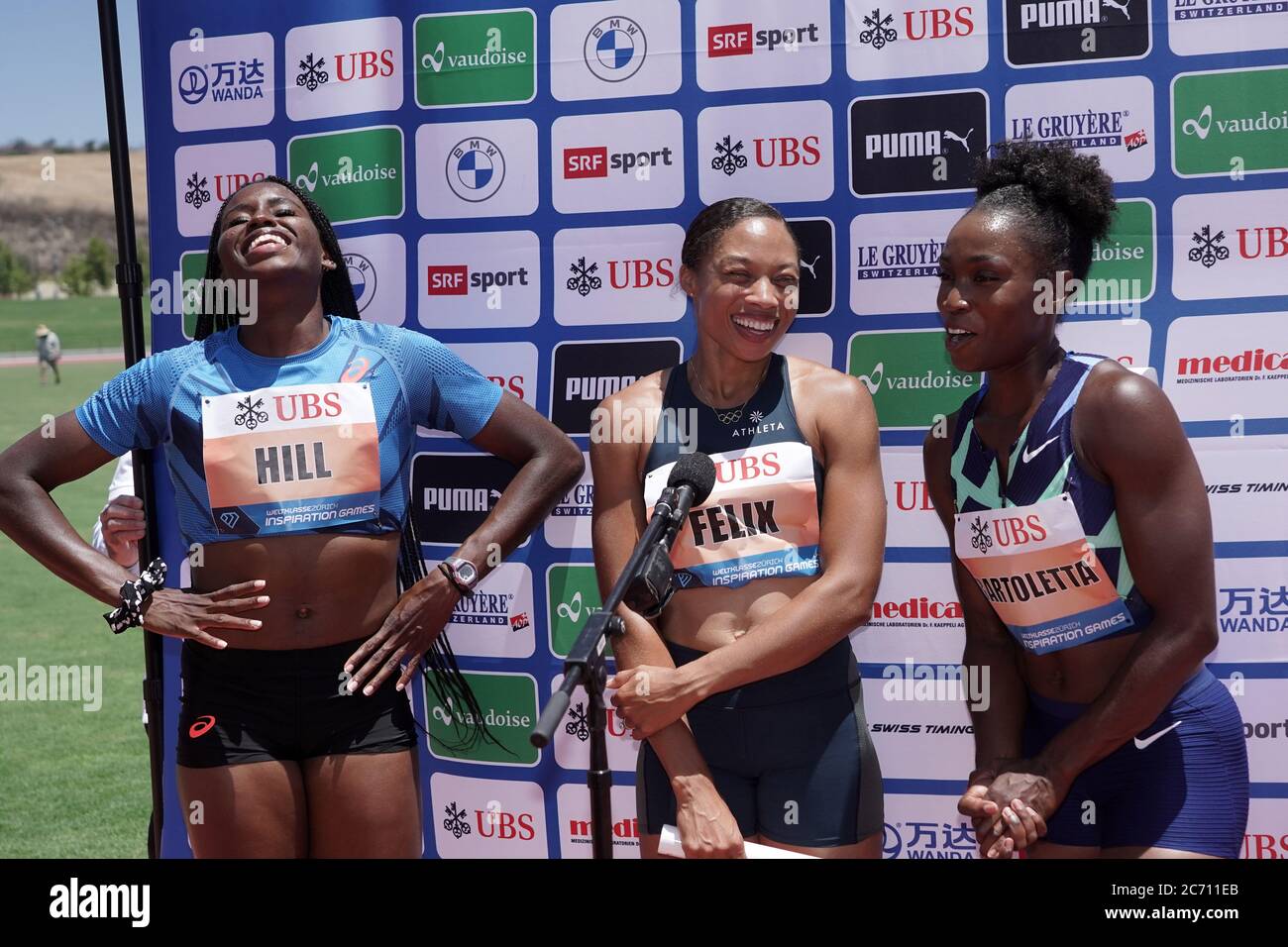 Candace Hill (left), Allyson Felix (center) and Tianna Bartoletta pose ...
