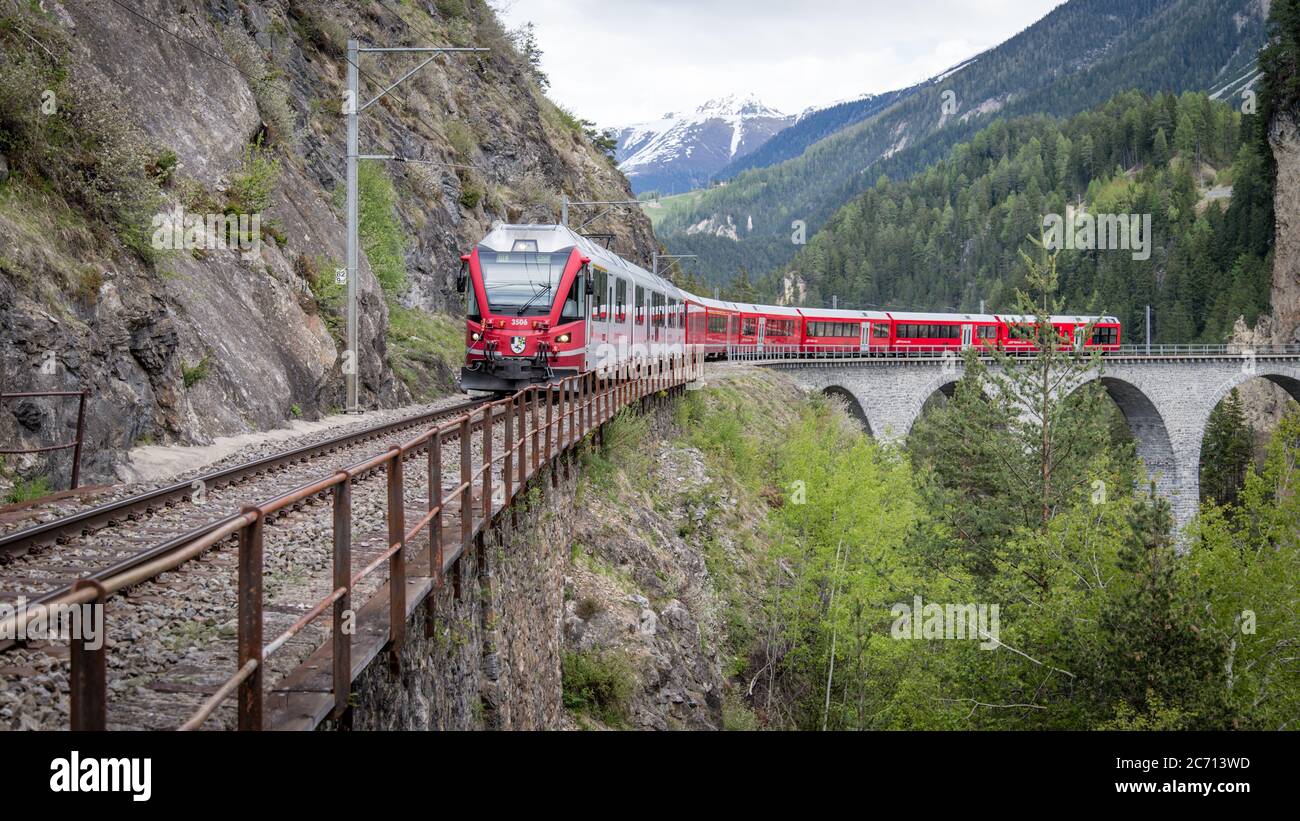 Albula - Switzerland - May 2017: Glacier train on famous landwasser ...