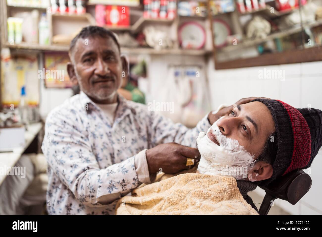 New Delhi / India - February 18, 2020: Portrait of Indian barber ...