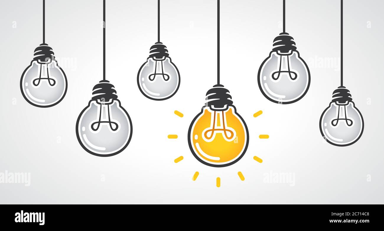Hanging light bulbs with one glowing. Leadership and different business ...