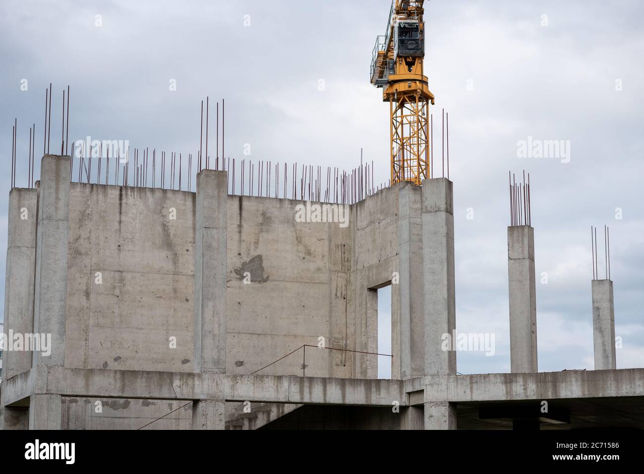 Sticking out reinforcement at the construction site of a new house ...