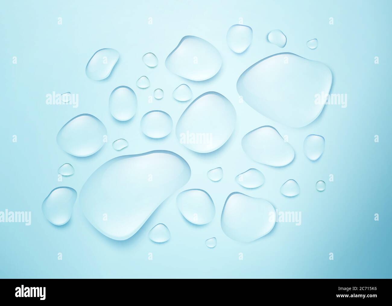 Realistic drops of pure water on a blue background. The real effect of ...