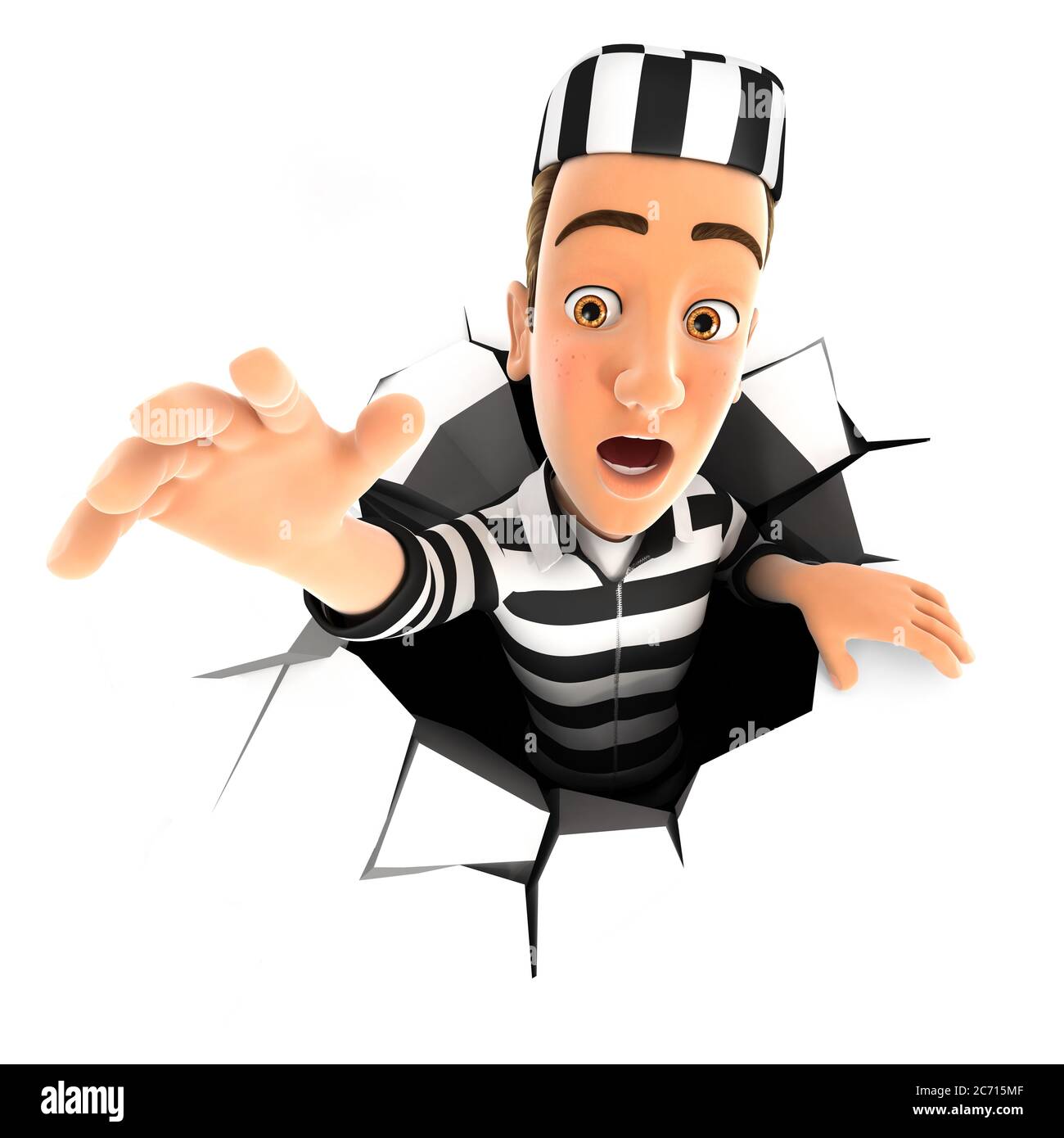 3d convict falling down into a hole, illustration with isolated white ...