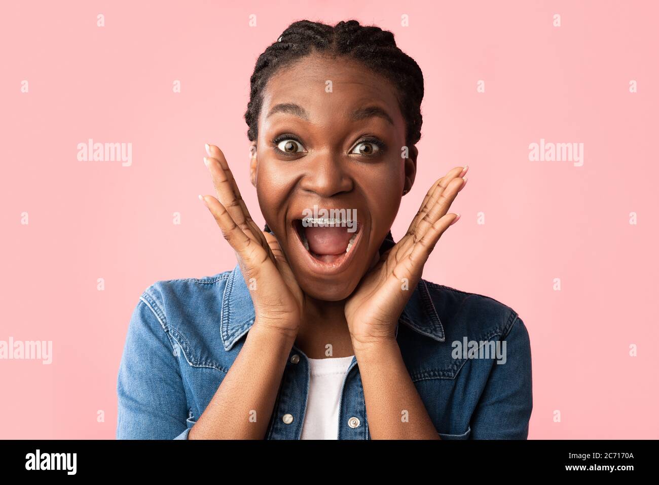Surprised Black Woman Screaming In Excitement Posing Over Pink ...
