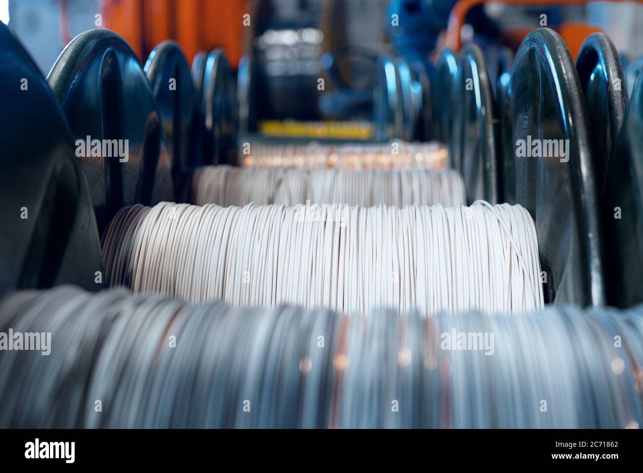 Production of copper wire, cable in reels at factory. Cable factory ...