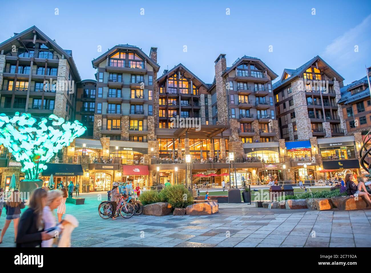 VAIL, CO - JULY 2ND, 2019: Main city square at night with tourists in ...