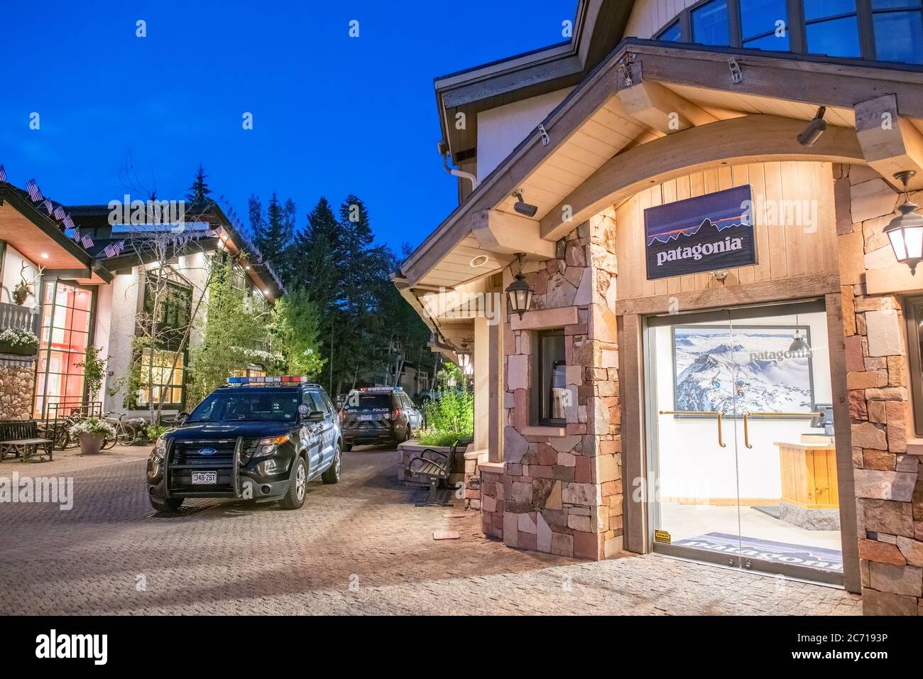 VAIL, CO - JULY 2ND, 2019: City streets at night with tourists in ...