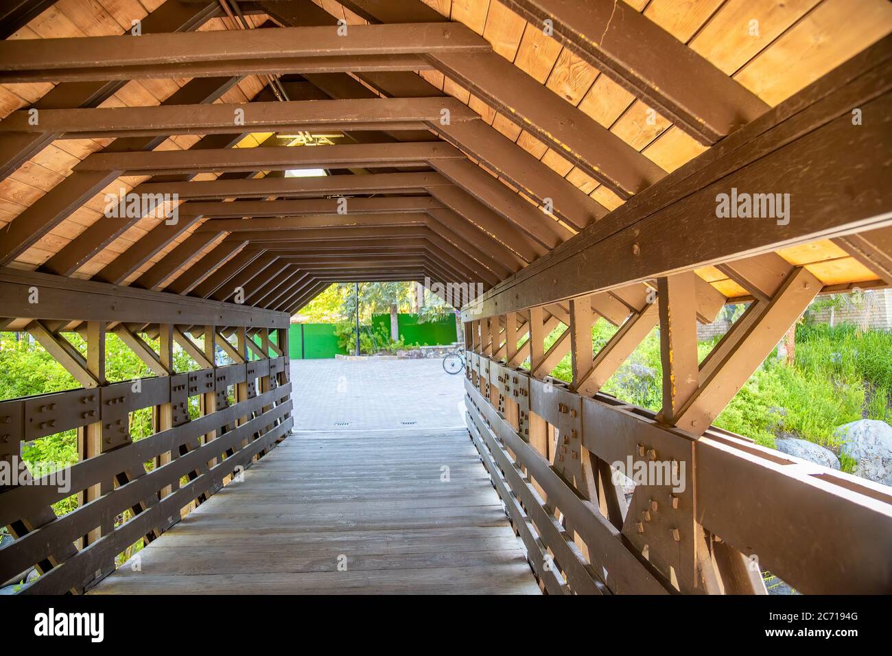 Wooden brisge crossing river, no people Stock Photo - Alamy