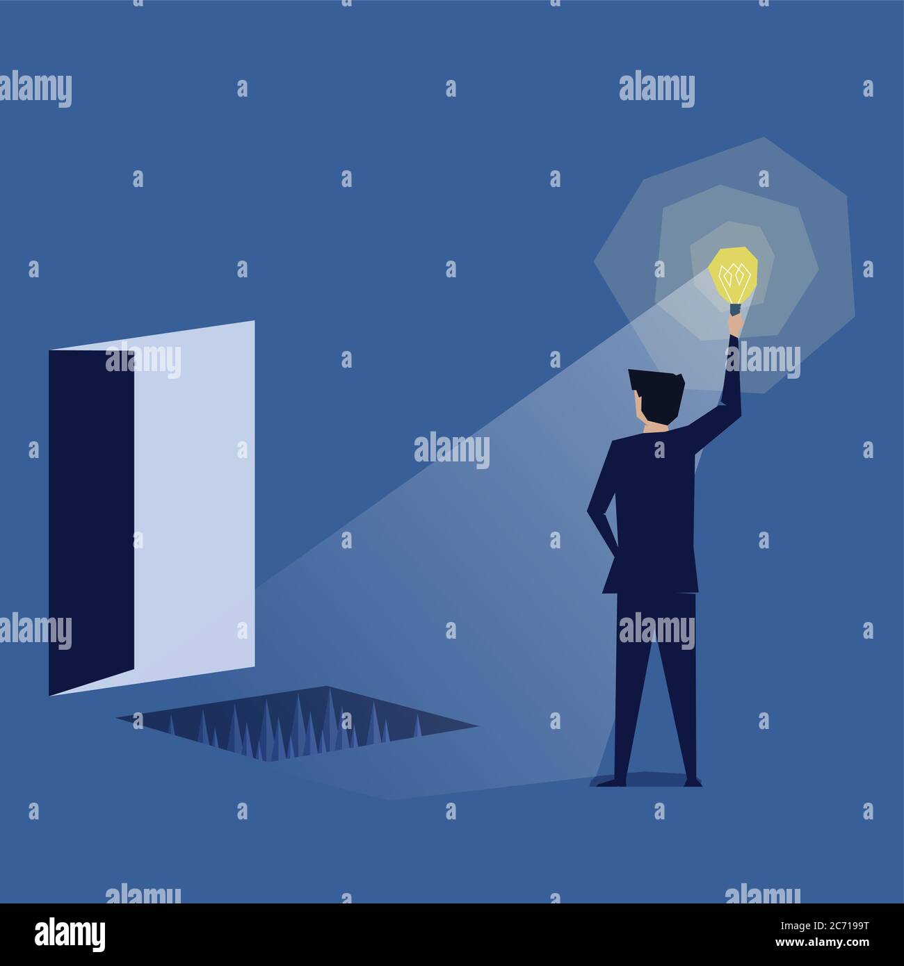 Businessman hold idea to light the way find trap in front of the door ...