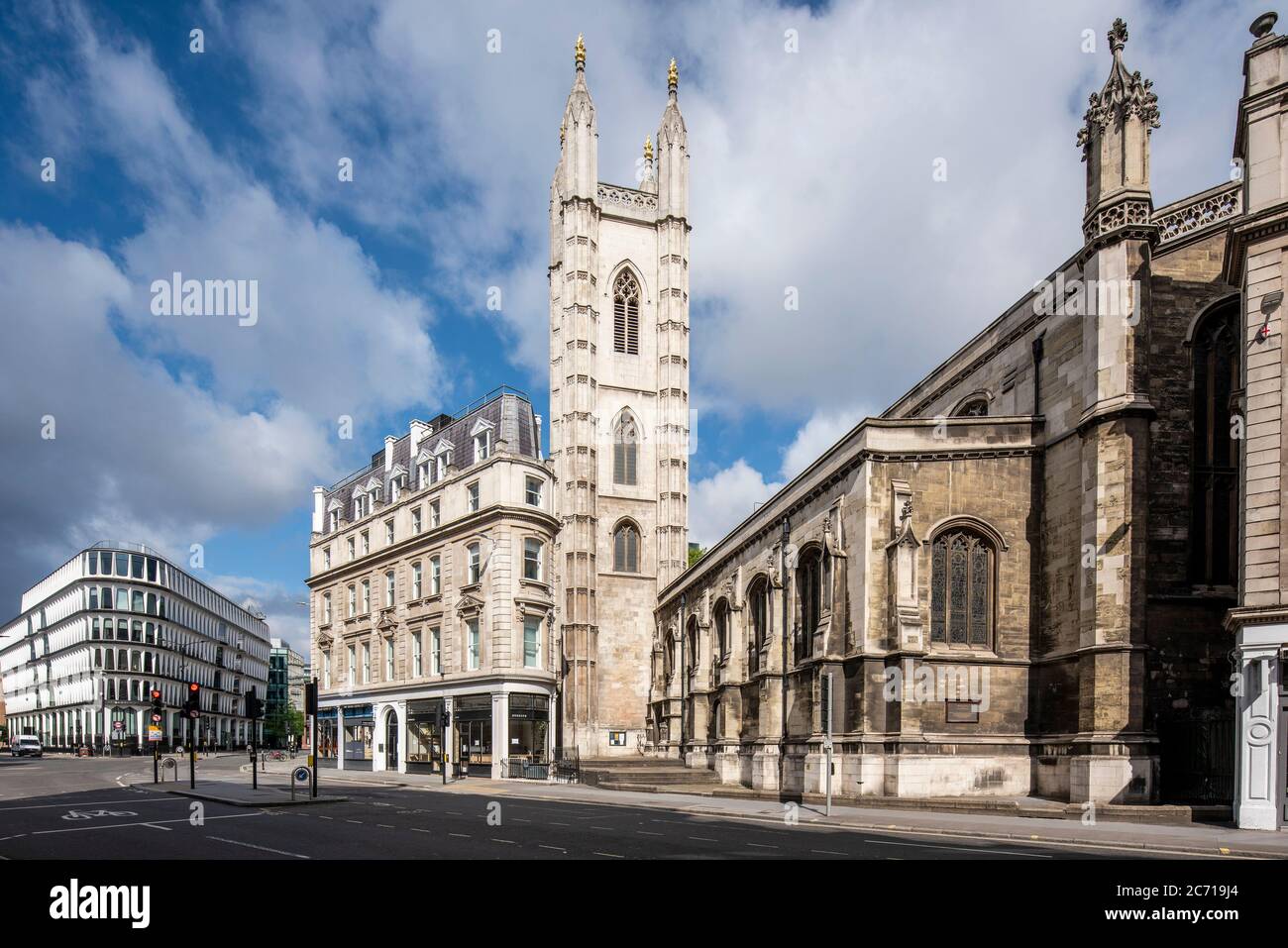 Contextual view of the church from Queen Victoria Street, showing tower ...