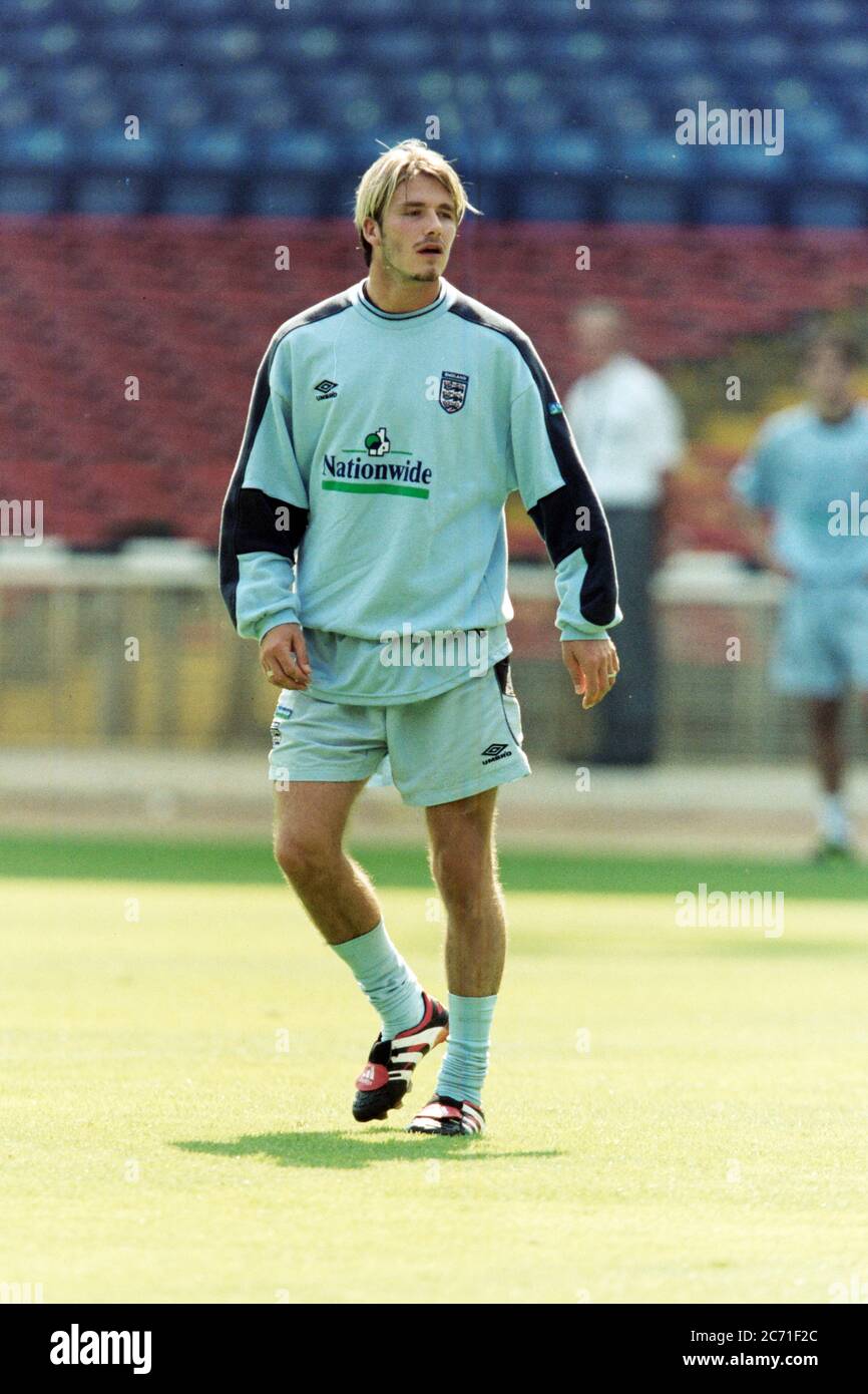 David Beckham trains with the England team at Wembley Stadium in 2000 ...